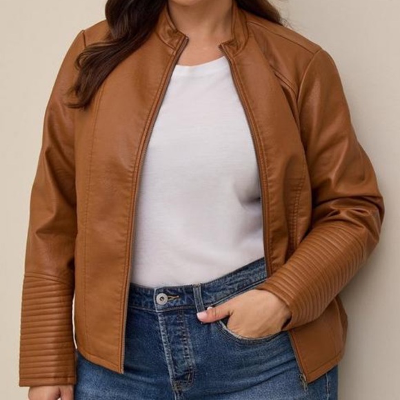 torrid | Jackets & Coats | Torrid Cognac Faux Leather Collarless Moto ...